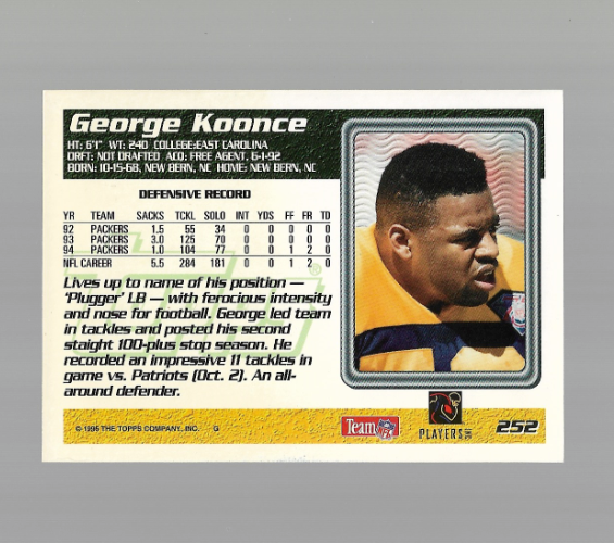 GEORGE KOONCE 1995 topps #252 Autograph Card NRMT+ Green Bay Packers | eBay