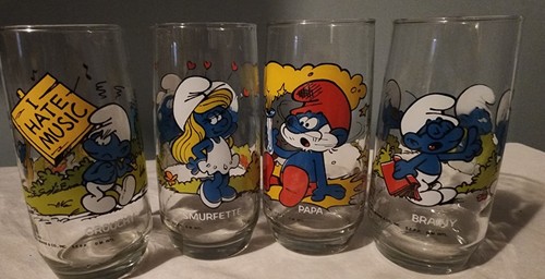 1982 SMURF GLASSES LOT OF 4 Papa, Grumpy,Brainey,Smurfette 6 IN X 3 IN ...