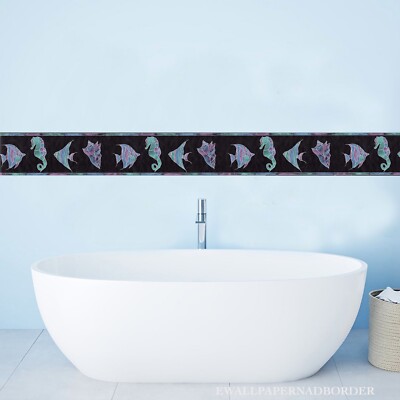Seahorse Seashell Tropical Fish Nautical Coastal Bathroom Wallpaper ...