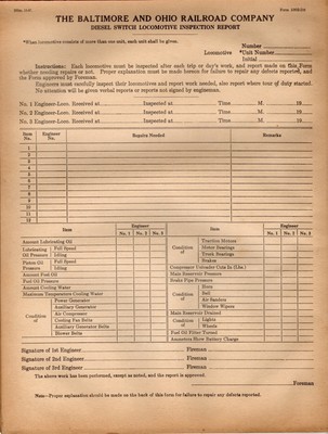 Baltimore & Ohio Railroad Tablet Form 1002-DS Diesel Loco Inspection ...