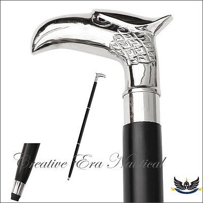 SOLID BRASS VICTORIA CANE SILVER NICKEL EAGLE HANDLE BLACK HARDWOOD ...