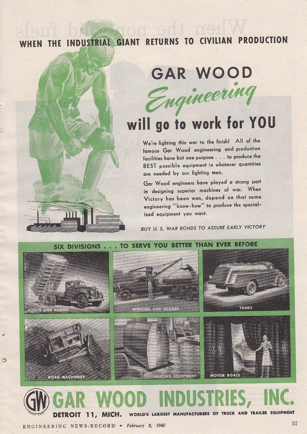1945 Gar Wood Industries Detroit MI Ad: Road Machinery Hoists & Bodies ...