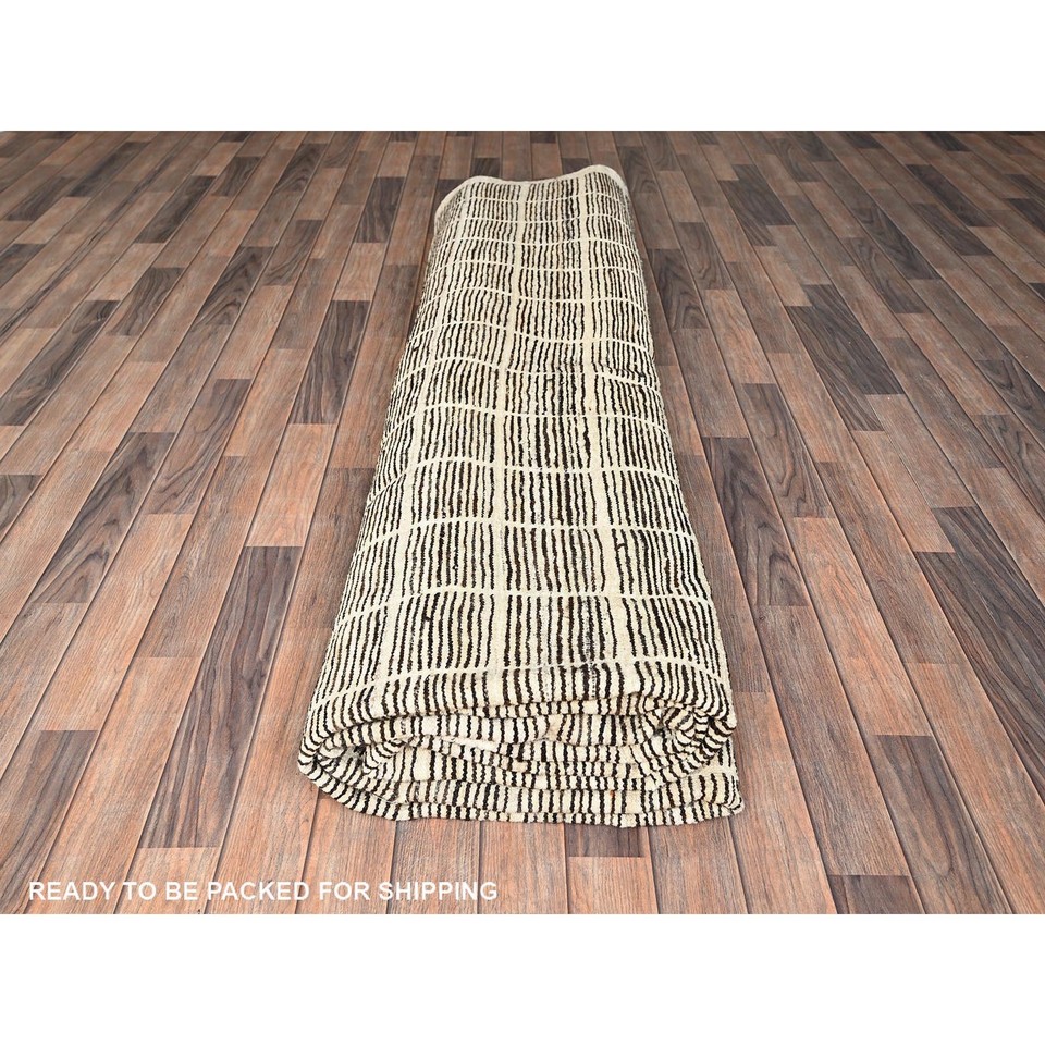 12'10"x14'6" Brown Moroccan Weave Grid Design Hand Knotted Natural Wool ...