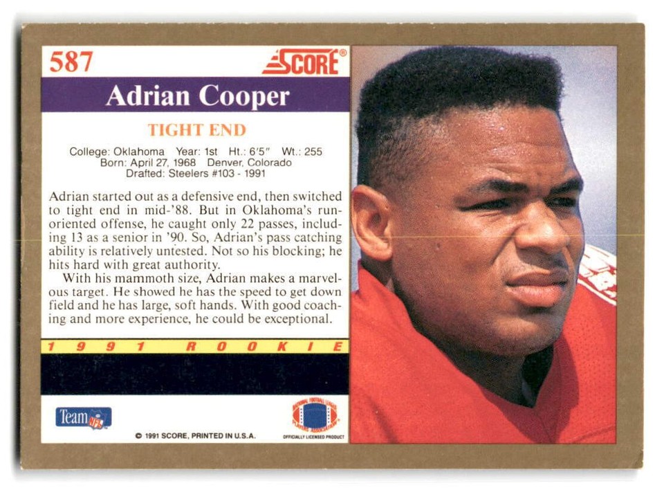 Adrian Cooper 1991 Score FOOTBALL #587 Oklahoma Sooners Rookie RC | eBay
