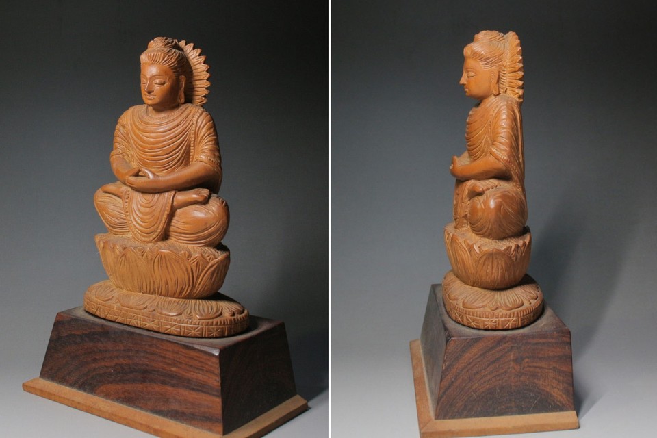 [Y] Asian Buddhist Art Sandalwood Statue Gautama Buddha "SHAKA-ZAZO ...