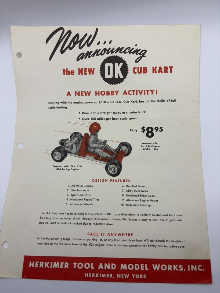 Herkimer OK Cub Kart .024 Engine - Cox Gas Powered Thimble-Drome .049 ...