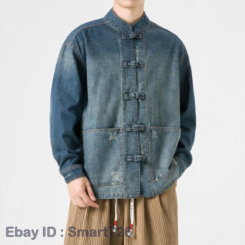 Men Casual Denim Jacket Mandarin Collar Frog Button Chinese Blouse ...