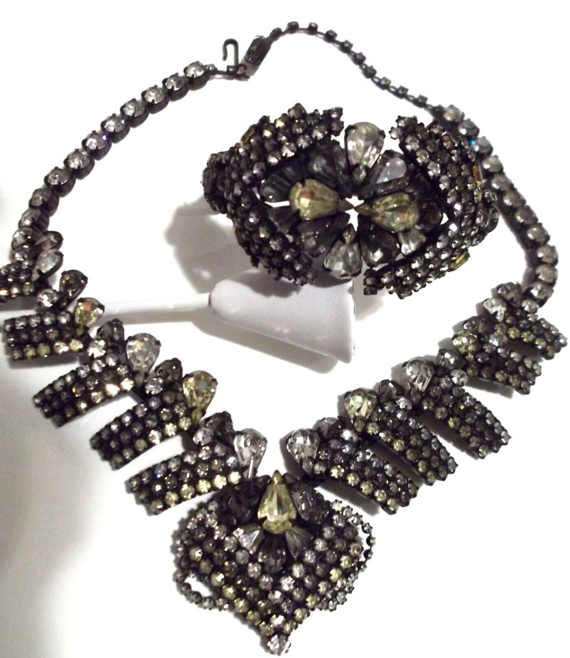 RARE VTG Signed HOBE' Rhinestone Necklace & Clamper Bracelet Set Black ...