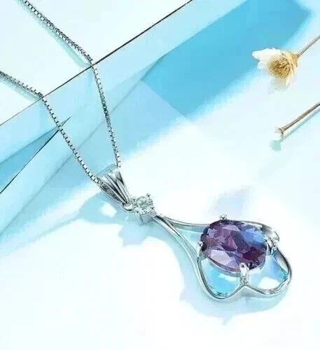 3CT Oval Cut Lab Created Alexandrite Women's Chain Pendant 14K White ...