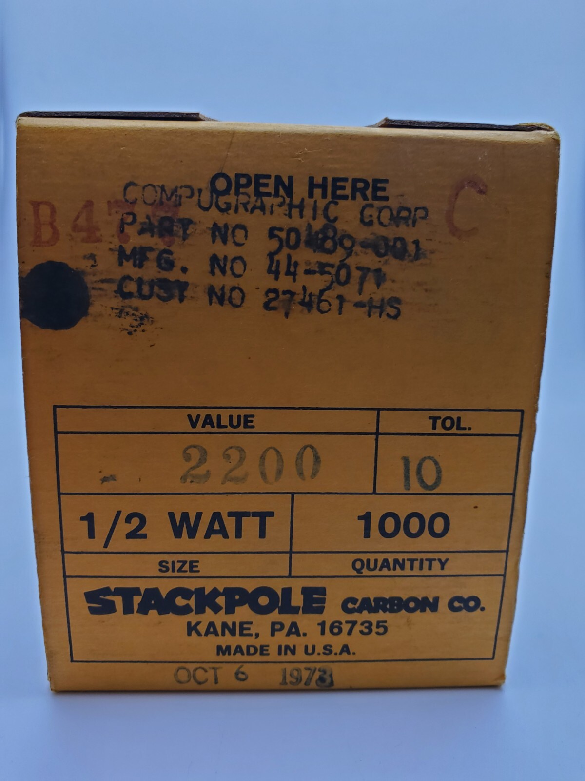 Stackpole Carbon 1/2 Watt Resistors - Value 2200 Tolerance 10 - NOS box ...