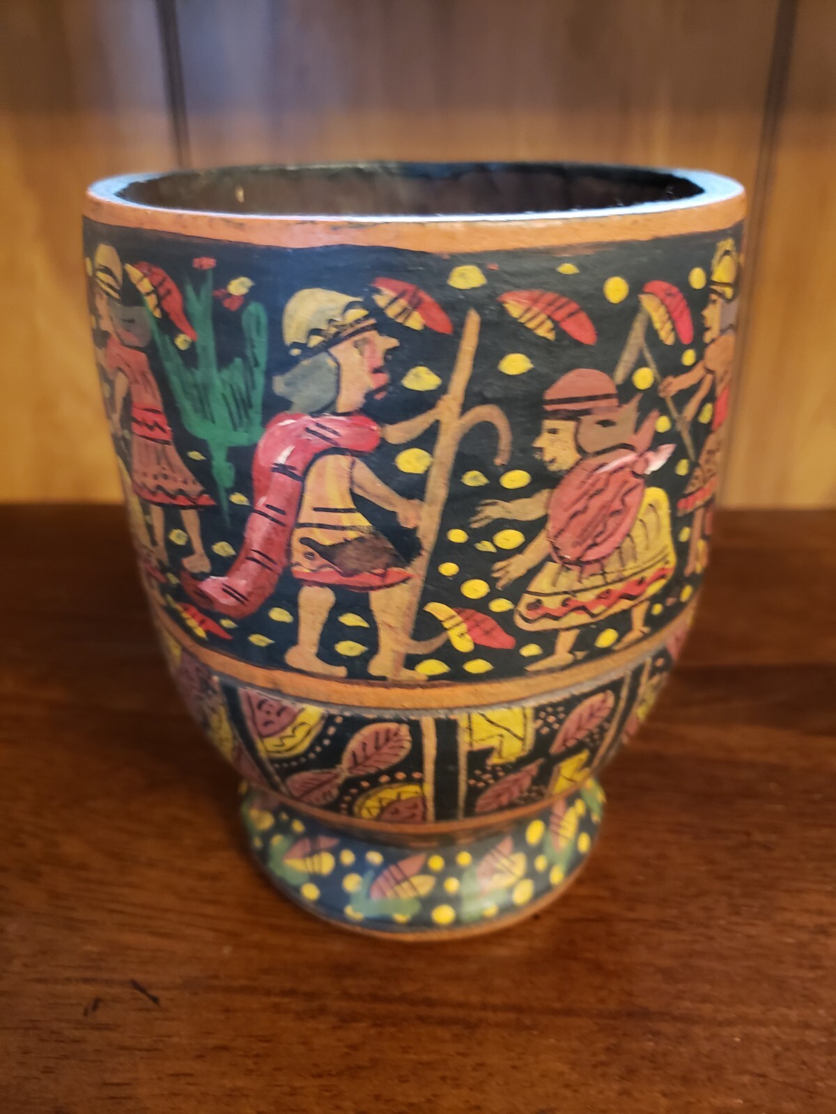 VTG PERUVIAN KERO INCA DESIGN HAND CARVED & PAINTED WOOD DRINKING ...