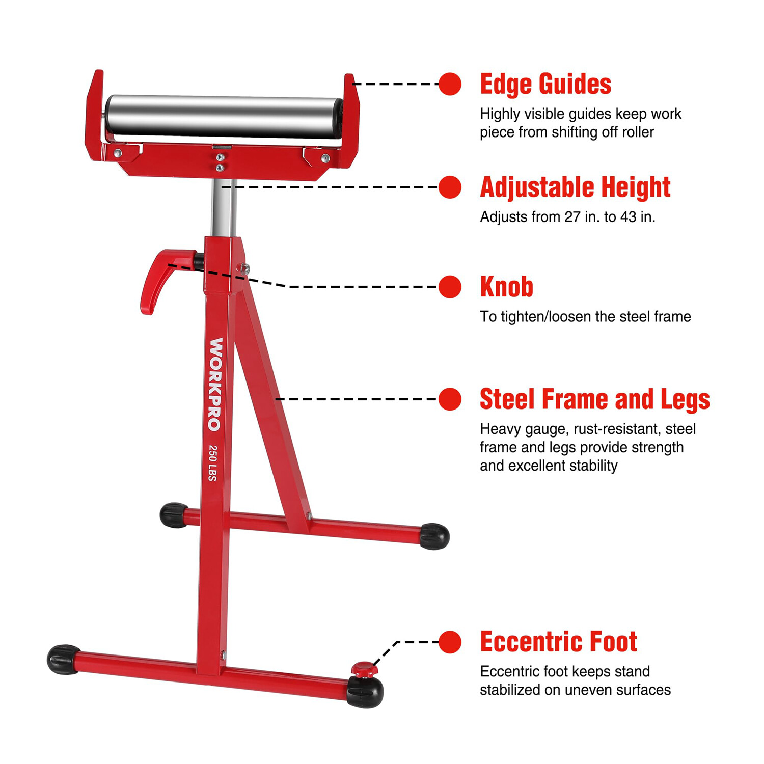WORKPRO Folding Roller Stand Height Adjustable, Heavy Duty 250 LB Load ...