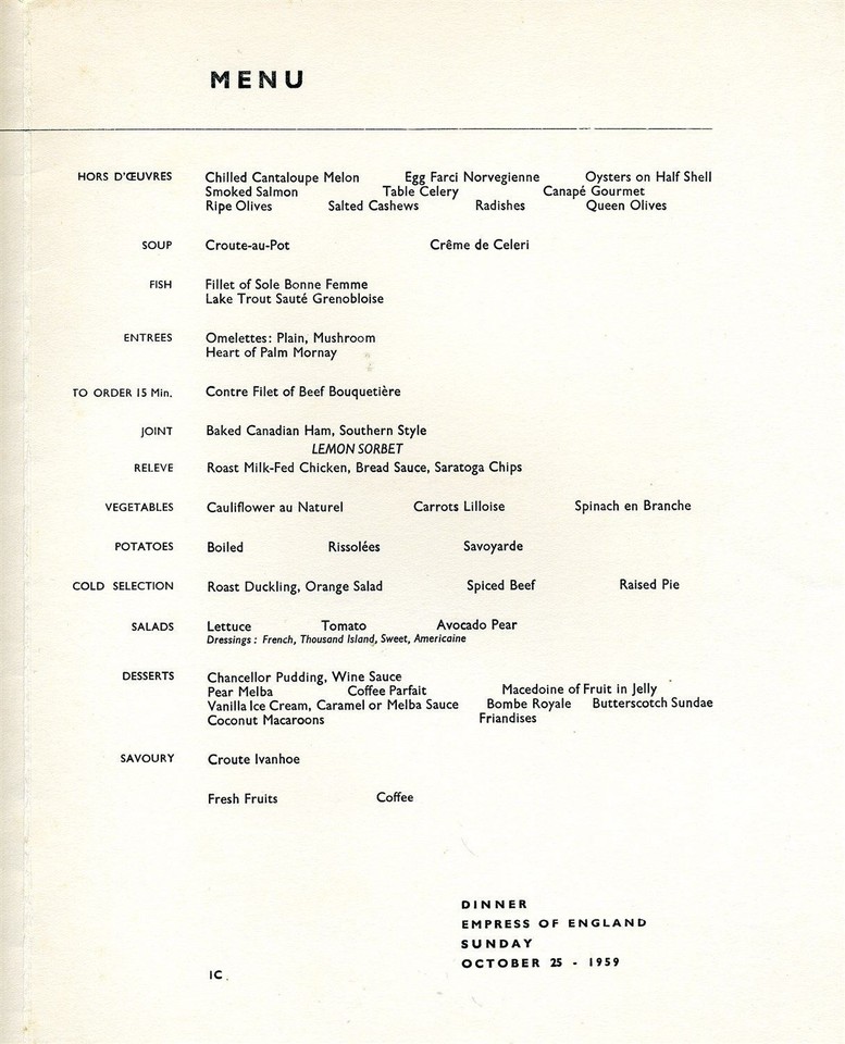 Empress of England Pau France Comte de Frontenac Canadian Pacific Menu ...