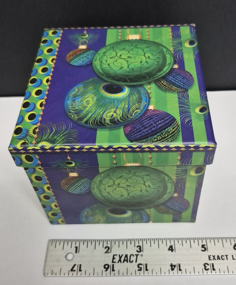 Lindy Bowman Cube Gift Box Green Purple Gold Ornaments, Peacock Feather ...
