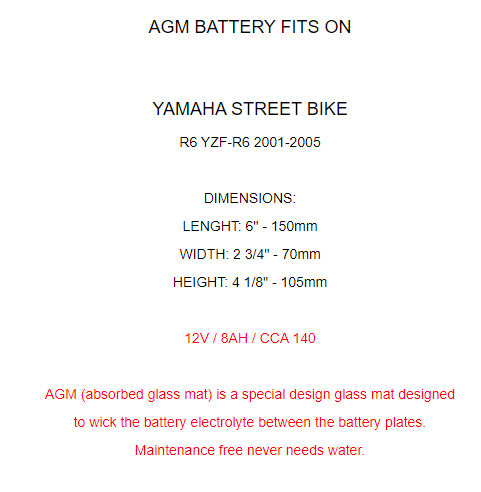 AGM Battery for Yamaha R6 YZF-R6 YZFR6 2001 2002 2003 2004 2005 | eBay