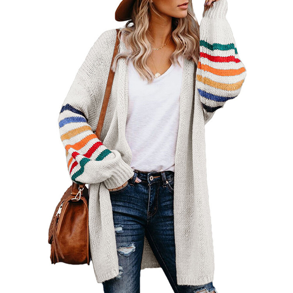 Open Front Women Cardigan Long Sleeve Striped Patchwork Office Soft ...