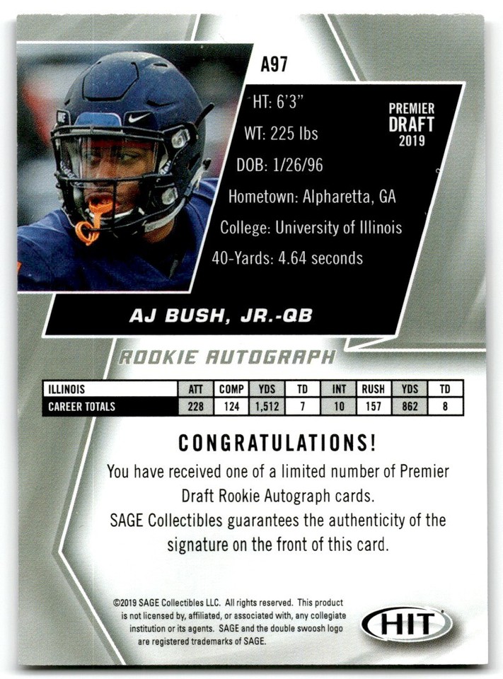 2019 SAGE HIT Autographs AJ Bush Auto Illinois Fighting Illini #A97 | eBay