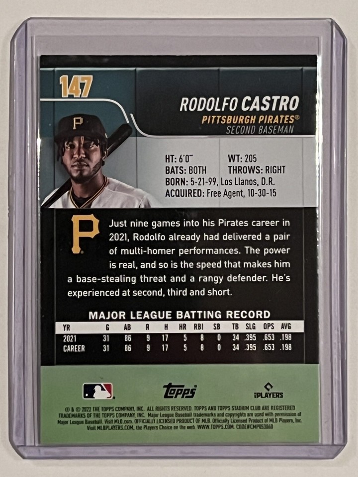 2022 Topps Stadium Club Rodolfo Castro Rookie Card Sepia Pittsburgh ...
