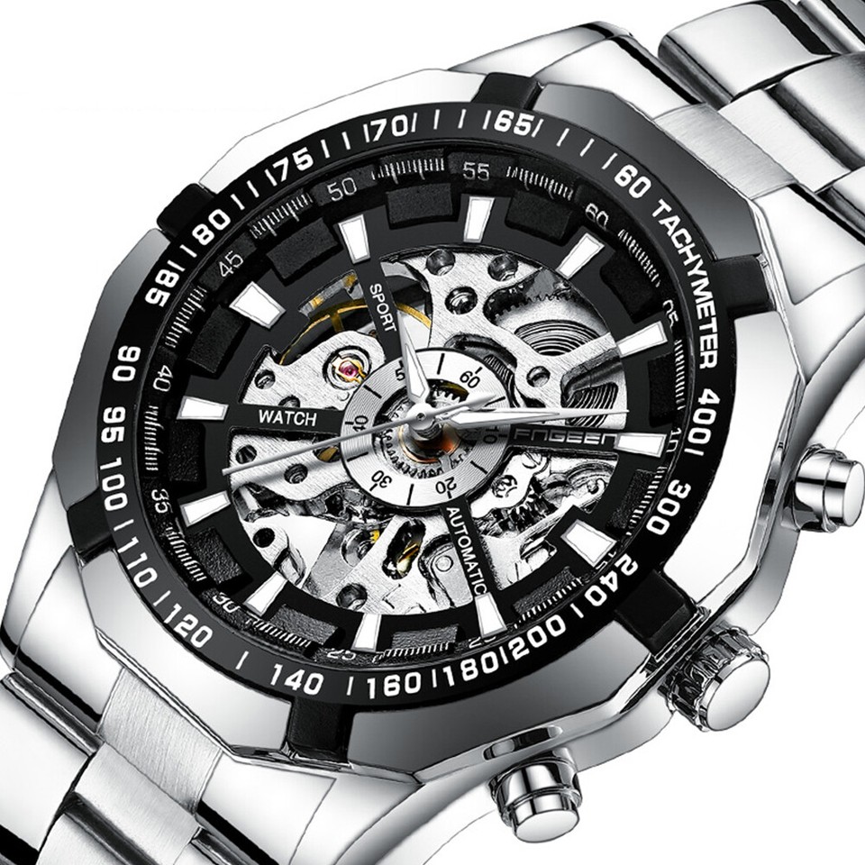 Men's Luxury Stainless Steel Skeleton Automatic Mechanical Wrist Watch ...