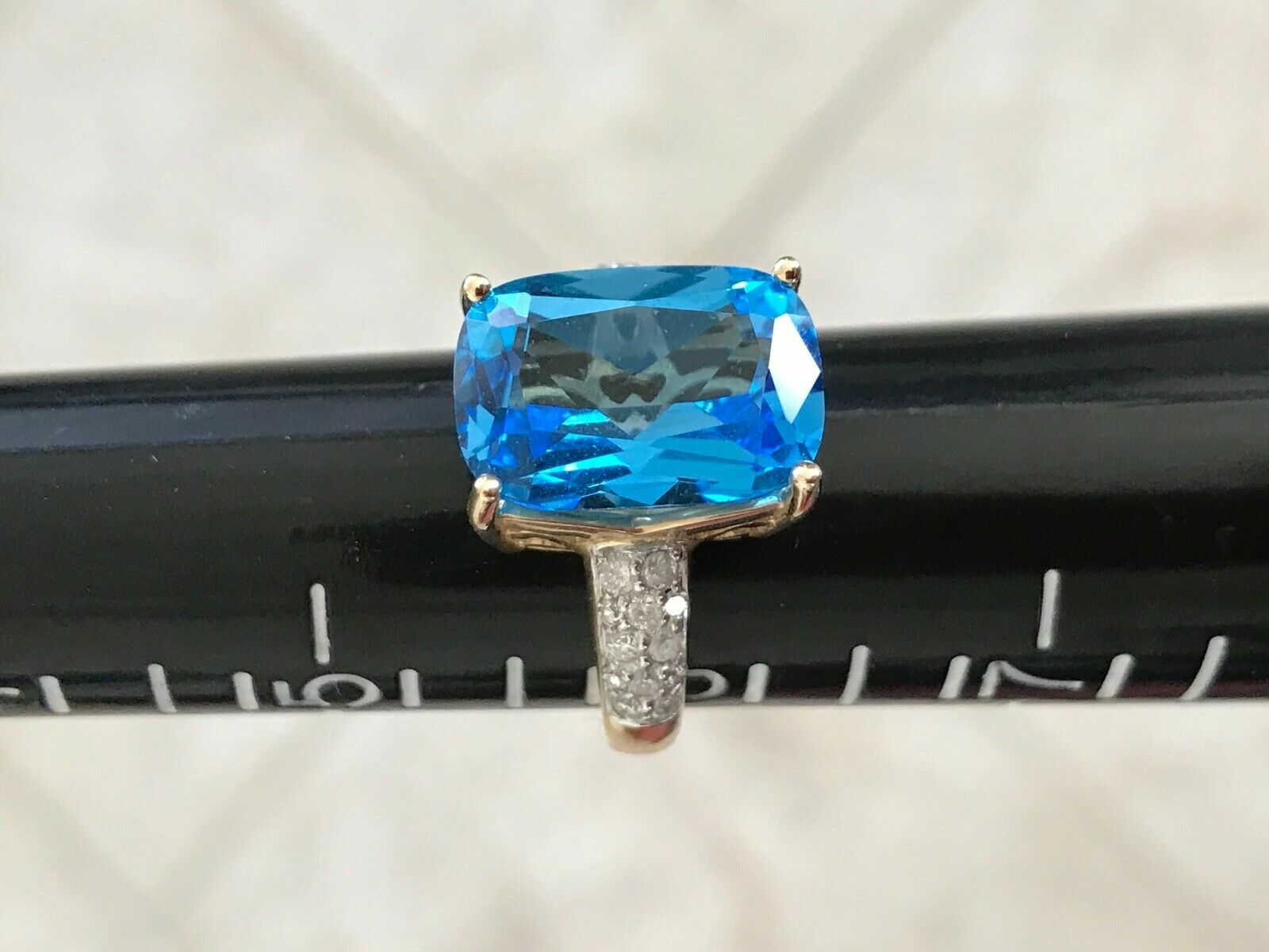 VINTAGE QVC~14K YELLOW GOLD~PREMIER OSTRO BLUE TOPAZ DIAMOND RING ...