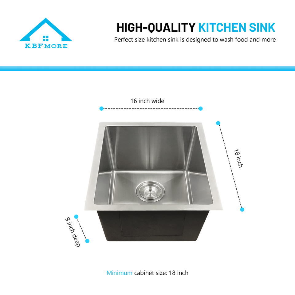 KBFmore 16-inch Tight Radius Undermount Single Bowl Stainless Steel ...