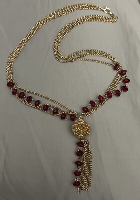 Gold Tone Multi Chains Red Beads Dangling Pendant Tassels Necklace | eBay
