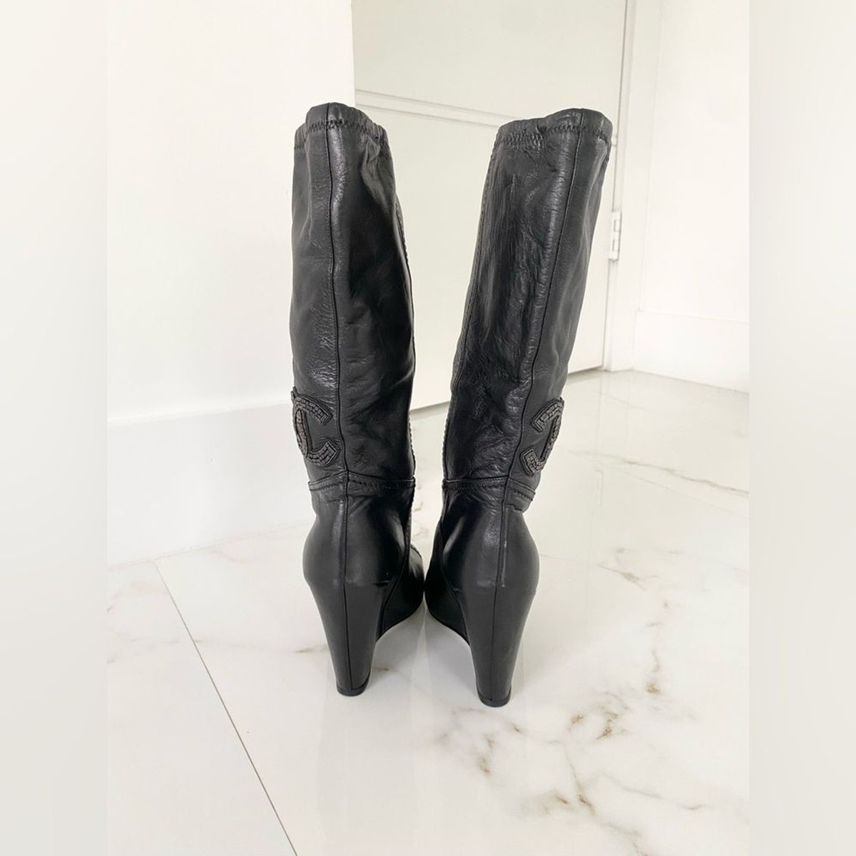 Chanel CC Crystal Embellished Black Leather Wedge Heel Calf Chanel CC Crystal Embellished Black Leather Wedge Heel Calf
