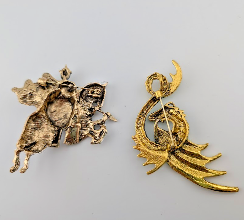 MEDIEVAL KNIGHT & DRAGON BROOCH lot horse wyvern fantasy fairytale pins ...