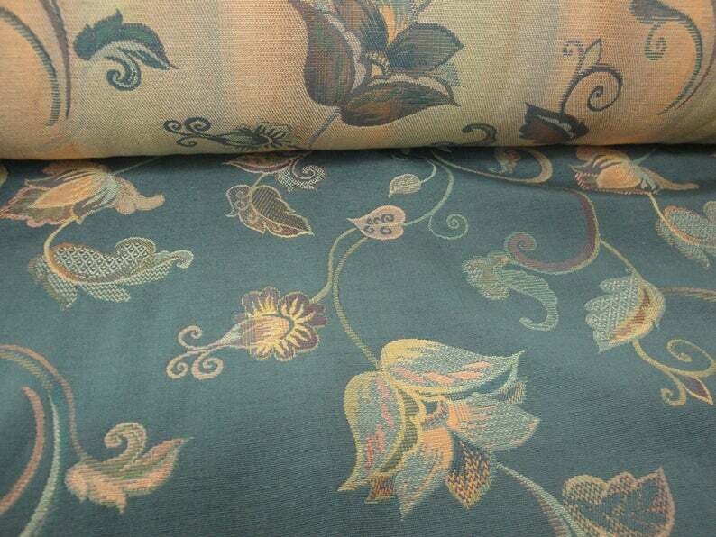 Leaf Pattern Geometric Floral Brocade Upholstery Fabric Yellow Teal ...