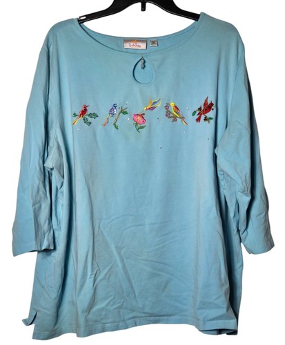 Quacker Factory Womens Blue Bird Embroidered Long Sleeve Top Plus Size ...
