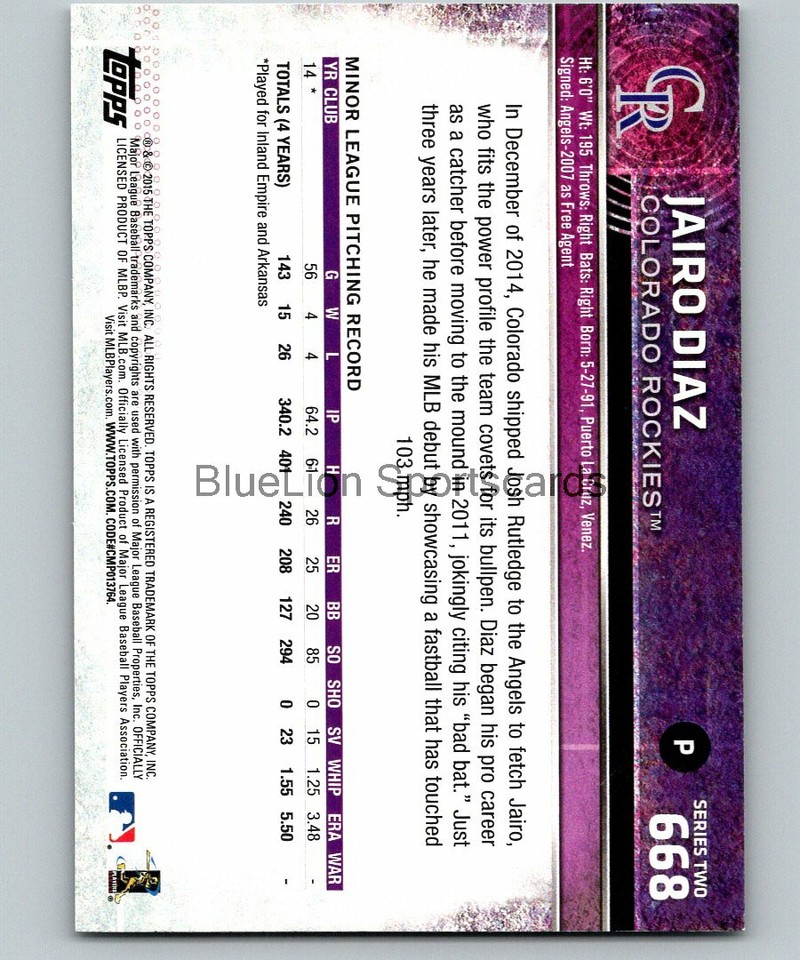 2015 Topps #668 Jairo Diaz RC | eBay