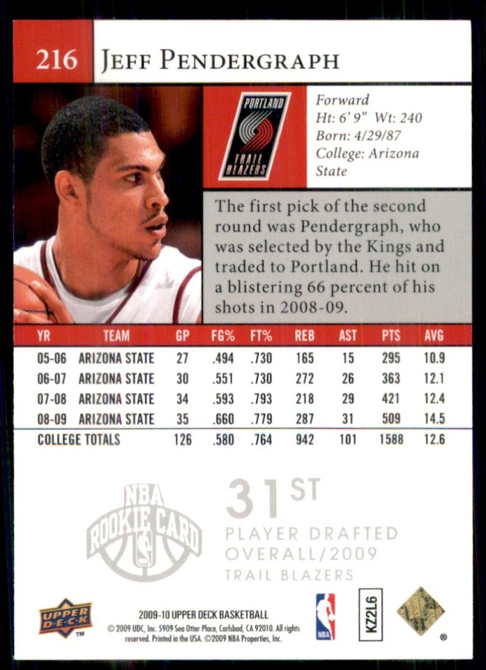 2009-10 Upper Deck Star Rookies Parallel Jeff Pendergraph Portland ...