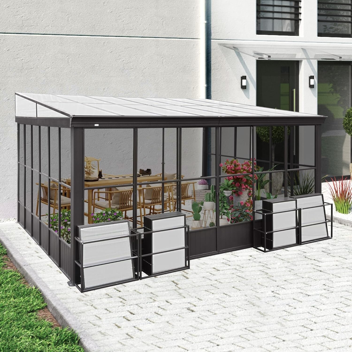 Domi 12x14FT Wall Mounted Sunroom with PC Roof and Lockable Sliding ...