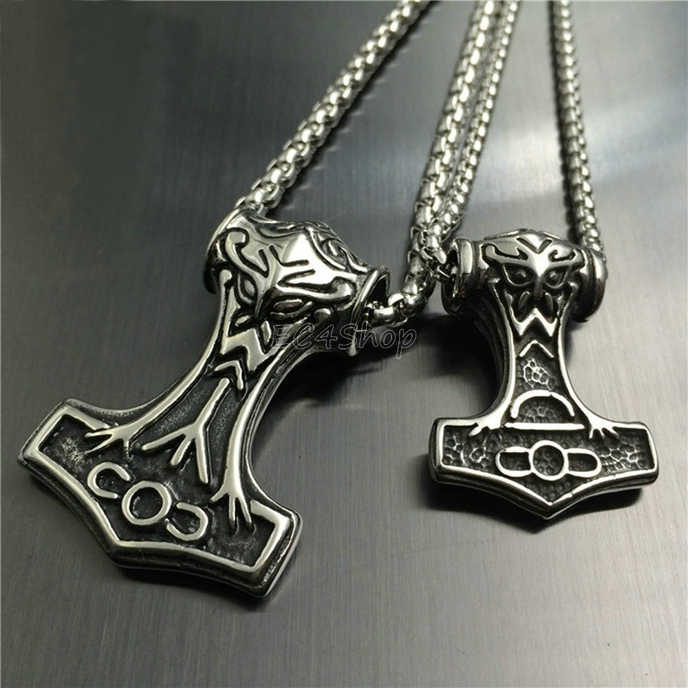 Men Retro Mjolnir Viking Thor's Hammer Stainless Steel Pendant Chain ...