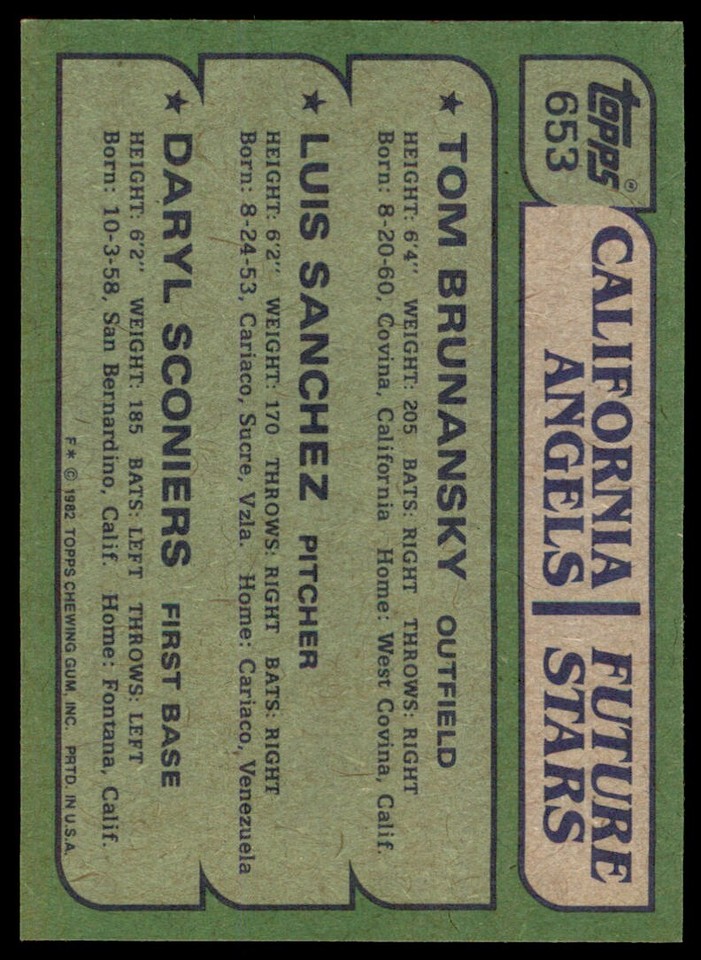 1982 Topps #653 Angels Future Stars - Tom Brunansky/Luis Sanchez/Daryl ...