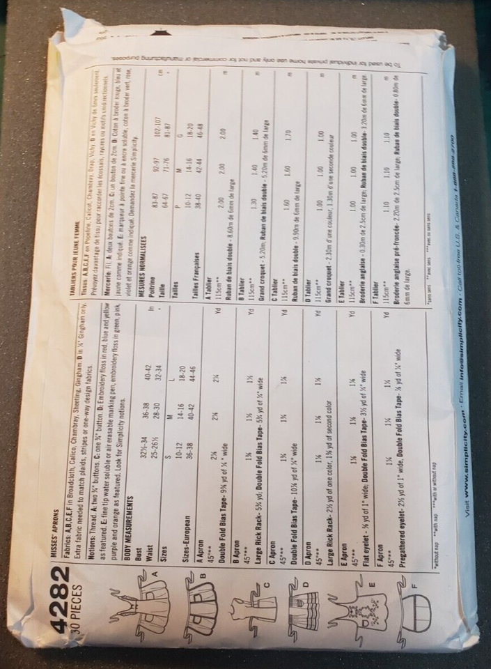 Simplicity 4282 Full&Half Aprons with Ruffle Misses Size A S,M,L (C6B5 ...