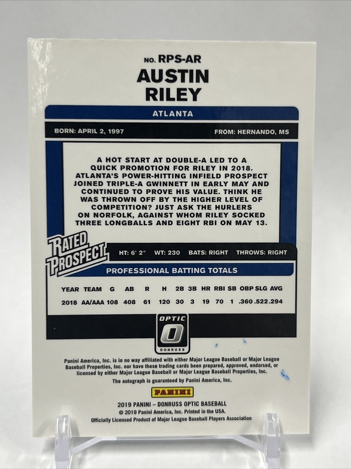2018 Donruss Optic Rated Prospect Auto RPS-AR Austin Riley Rookie Card ...