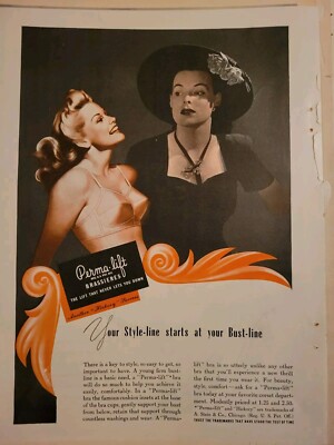 1946 Women's Perma-Lift bra black dress hat vintage fashion color ad | eBay