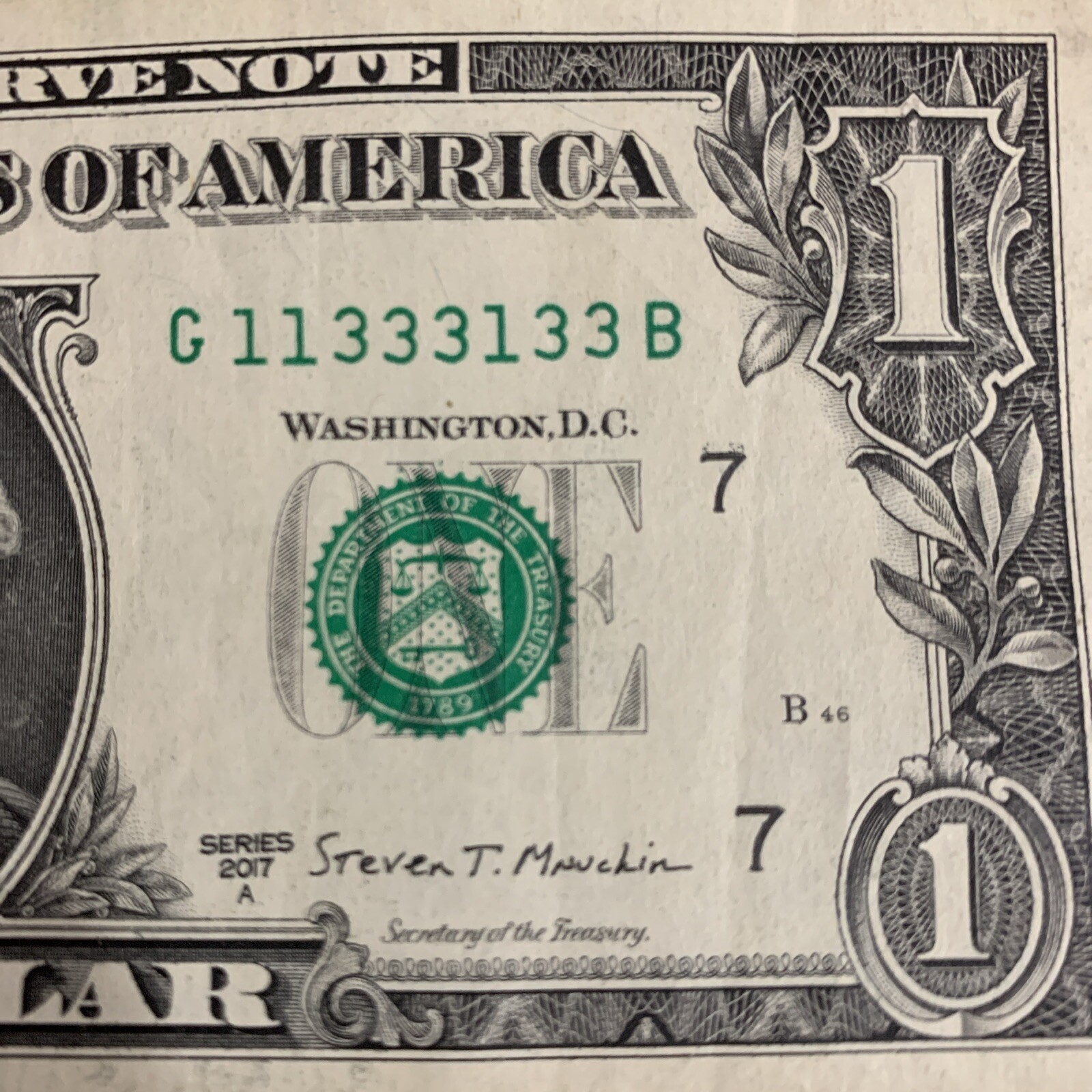 BINARY FIVE OF A KIND 3s Fancy Serial Number One Dollar Bill G11333133B ...