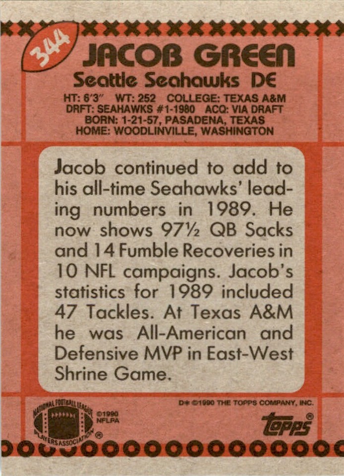 1990 Topps Jacob Green Seattle Seahawks #344 Football Card | eBay