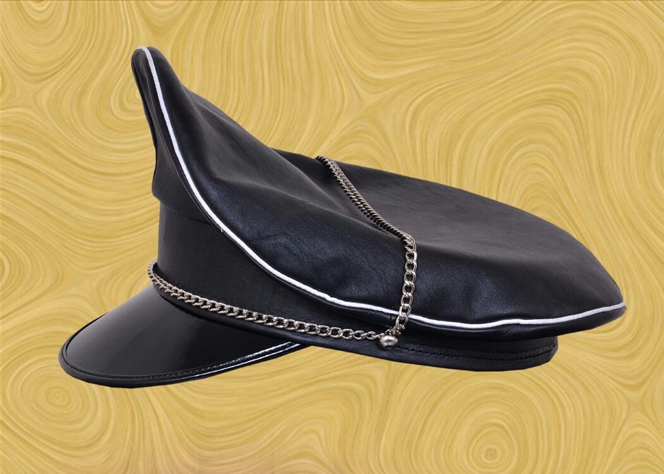 Genuine Leather Black White Strip Army Muir Biker Peak Bluf Cap With ...