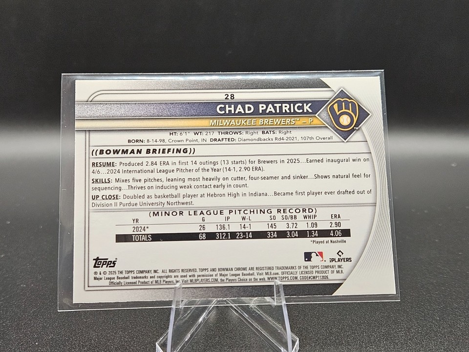 2025 Bowman Chrome Chad Patrick/299 Fuchsia Refractor Brewers RC Rookie ...
