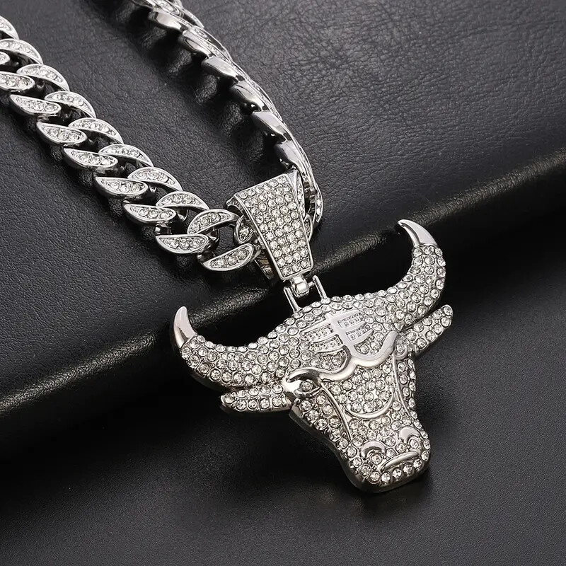 Hip Hop Gold Plated BULL Pendant & 15mm Iced Cuban Cubic Zirconia Chain ...