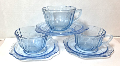 Federal Glass MADRID Blue Scroll Cup Saucer Depression Glassware Lot of ...
