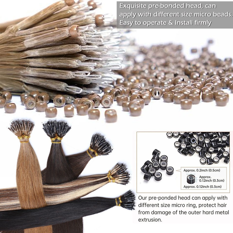 1G Nano Ring Beads Russian 100% Remy Human Hair Extensions Micro Loop ...