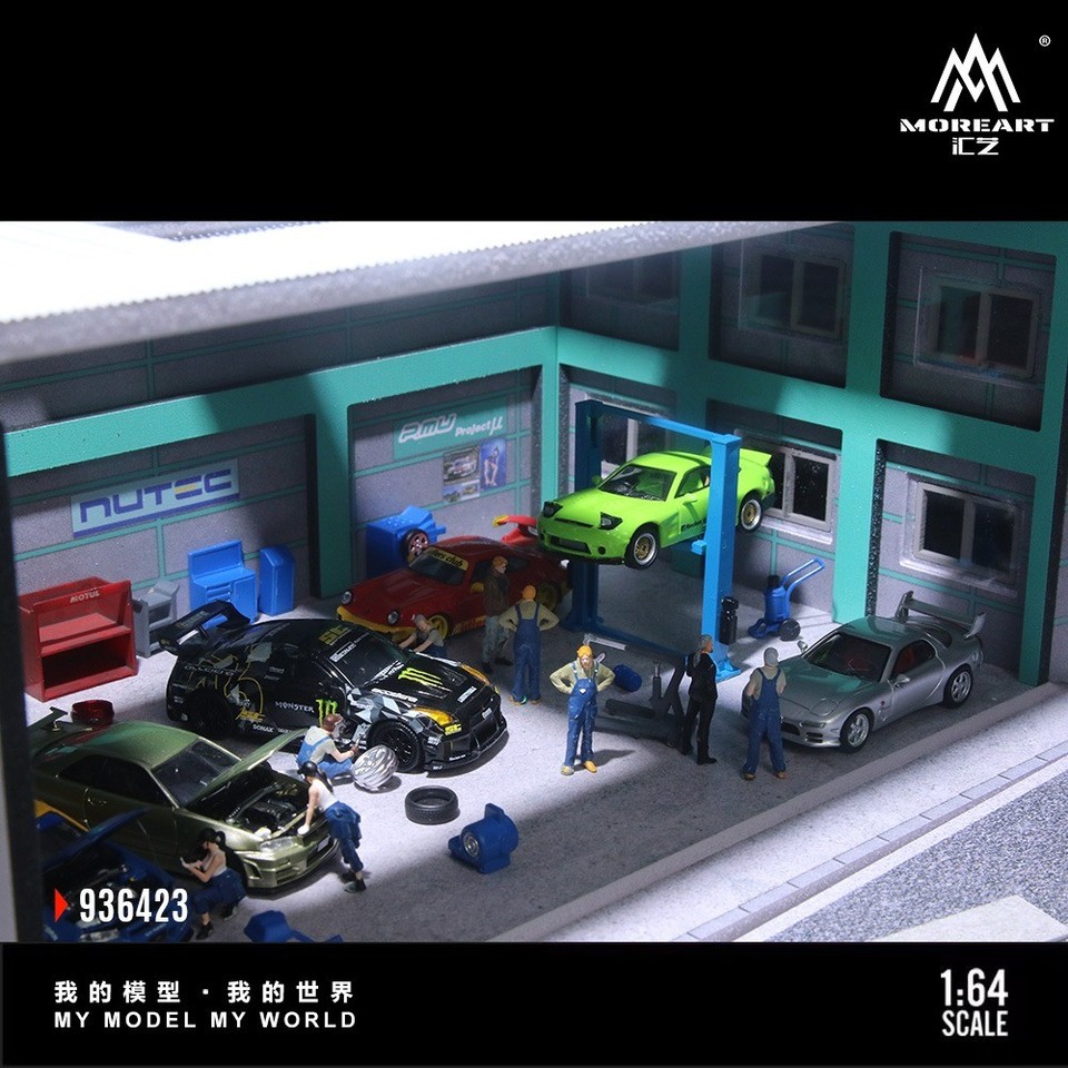 Diorama 1/64 Car Garage Model LED Repair Workshop Street Building Scene ...