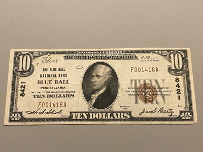 1929 $10 National Bank Blue Ball Pennsylvania Nice Mid Grade Very Fine ...