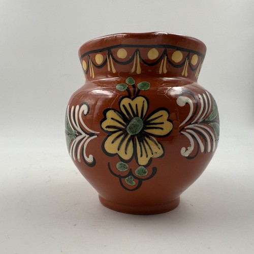 Hungarian Red Ware Pottery Vase Hand Painted Floral Decor Small Pitcher ...
