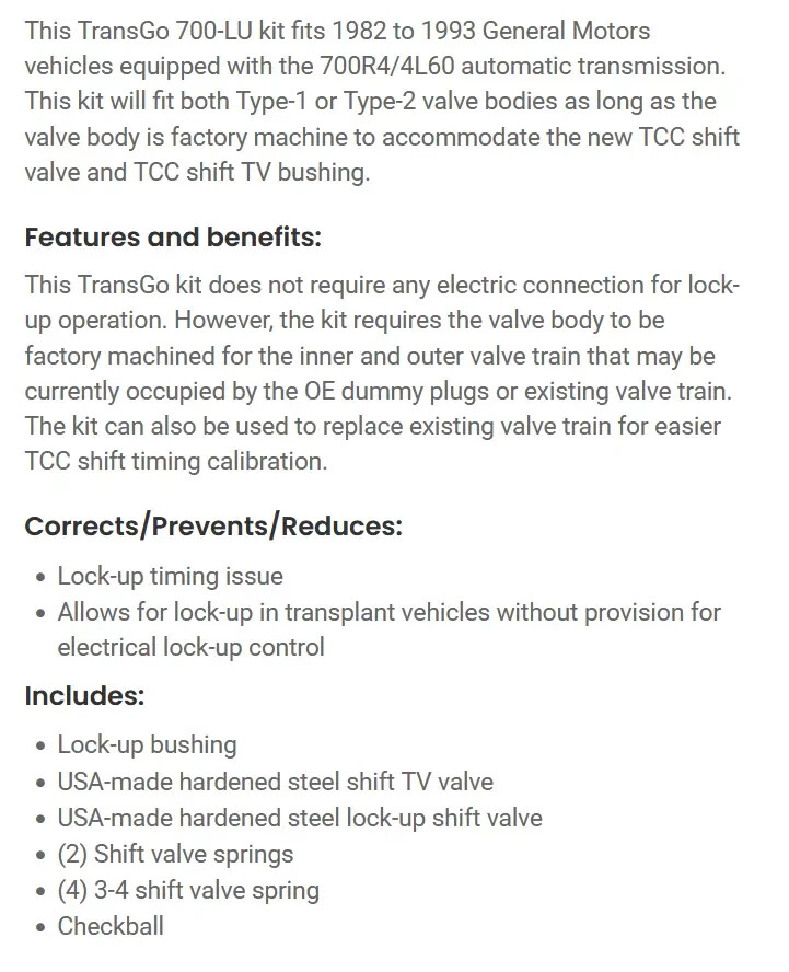 TransGo TCC Hydraulic Lock-up Kit fits most 700R4, 4L60 1982-93 SK700 ...