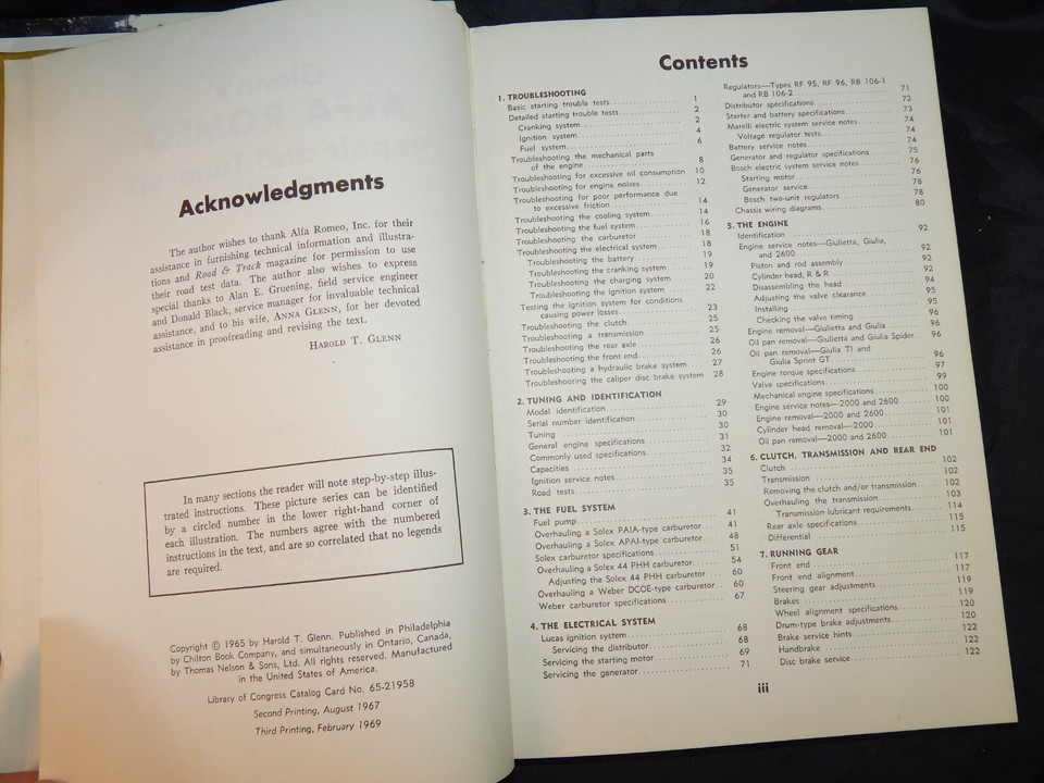 1969 Glenn's Alfa Romeo Repair Tune Up Guide Book All Giulietta/2000 / ...